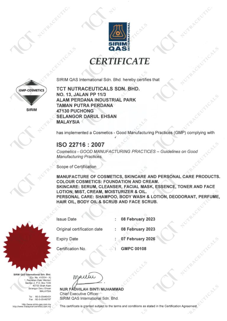 CERTIFICATE - Private Label OEM/ODM Cosmetic Manufacturing